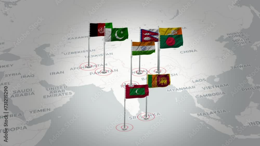 Flying Flags of South Asia Country Across the Map.South Asia country ...