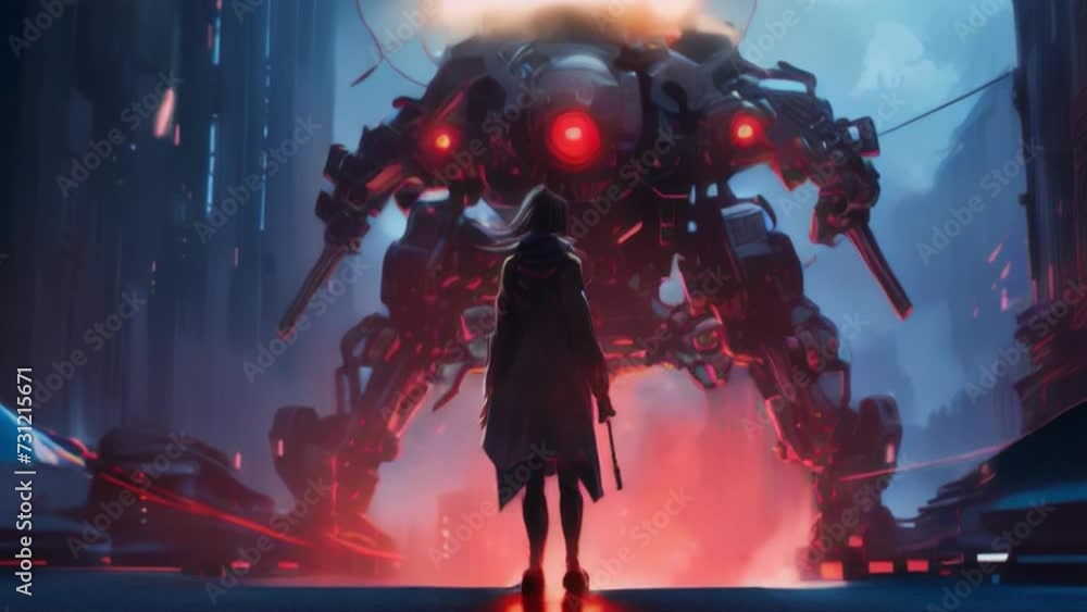 Anime girl and a futuristic giant robot. Technological sci-fi ...