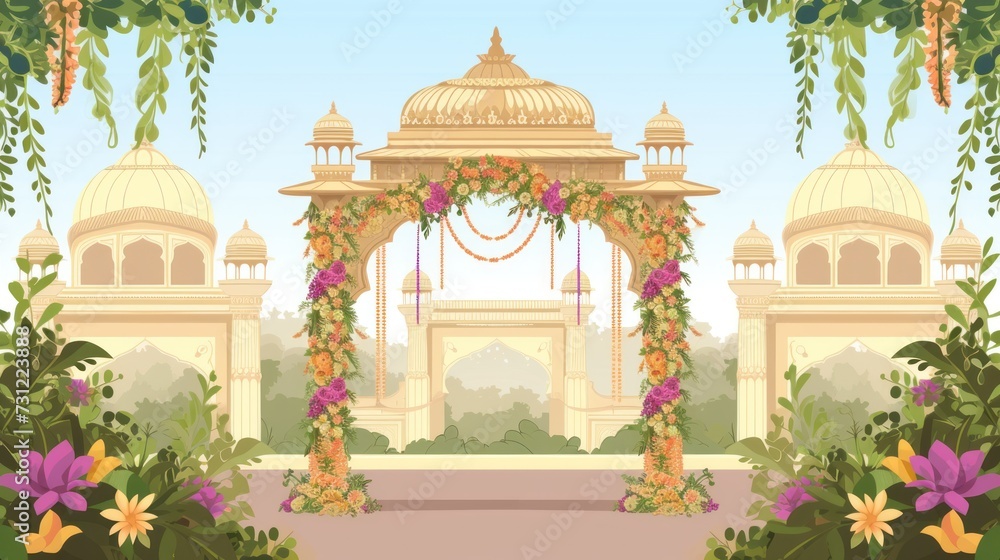 indian wedding mandap illustration, traditional theme with floral decor ...