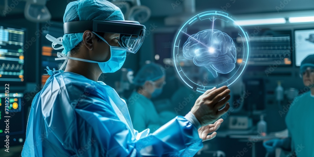 Futuristic operating room with a surgeon using augmented reality to ...