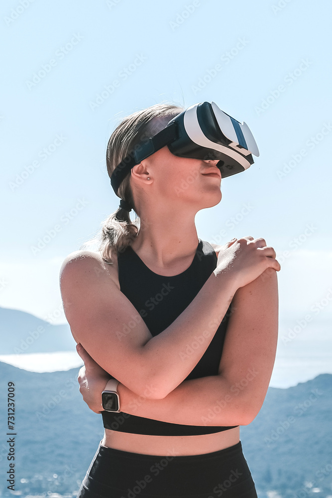 Mental health, self-care, self-love.woman VR headset hugs herself ... Mental health, self-care, self-love.woman VR headset hugs herself ...