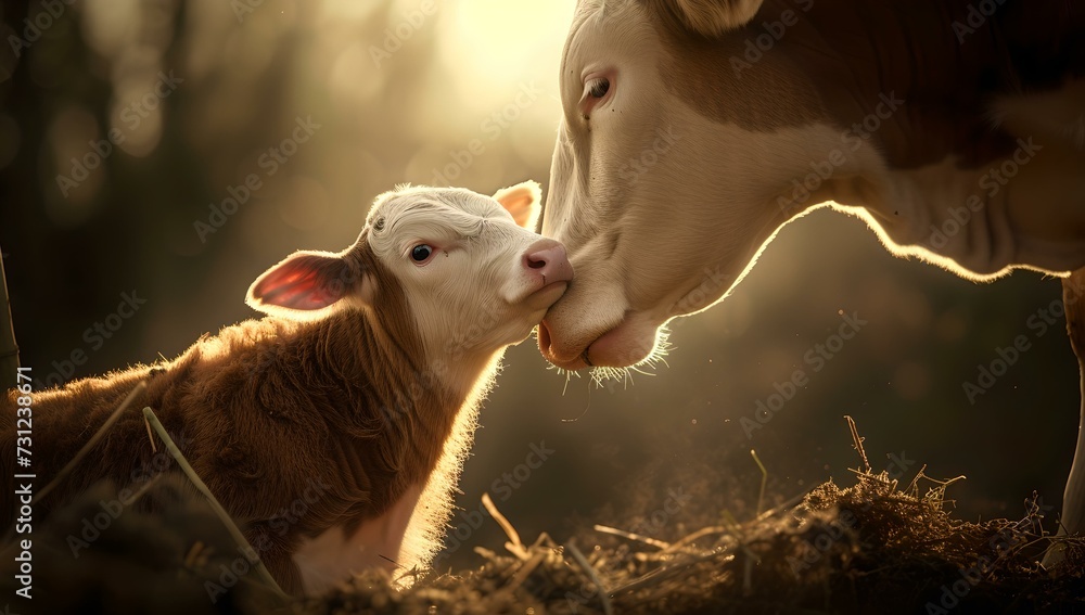 Tender moment as cow nuzzles cute calf in golden light. idyllic farm ...