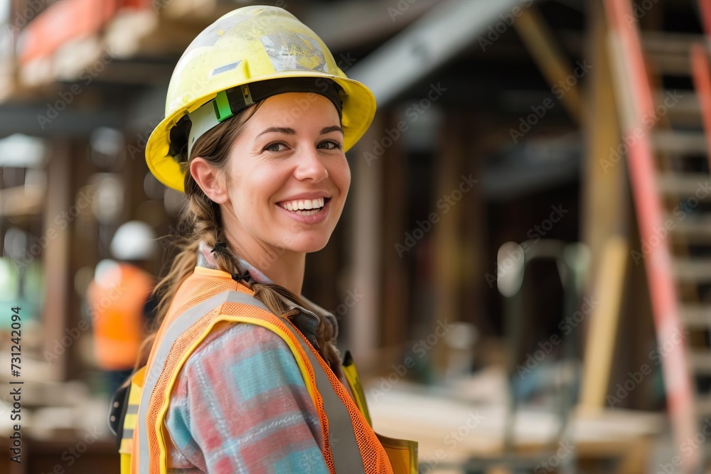 Confident woman working on a construction site Wearing a hard hat and ...