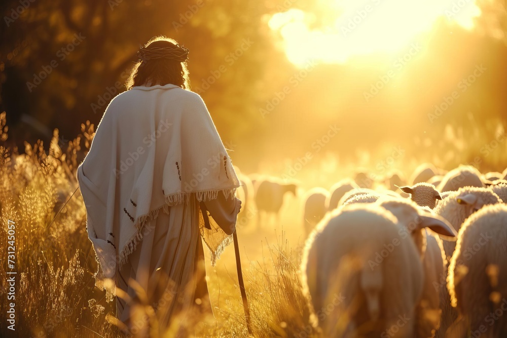 Shepherd jesus christ leading sheep and praying to god in a field ...
