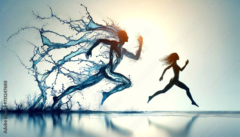 Artistic representation of a male and female silhouette running,with ...