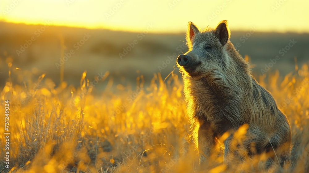 A sitting boar gazing at the horizon at sunset. Un sanglier assis ...