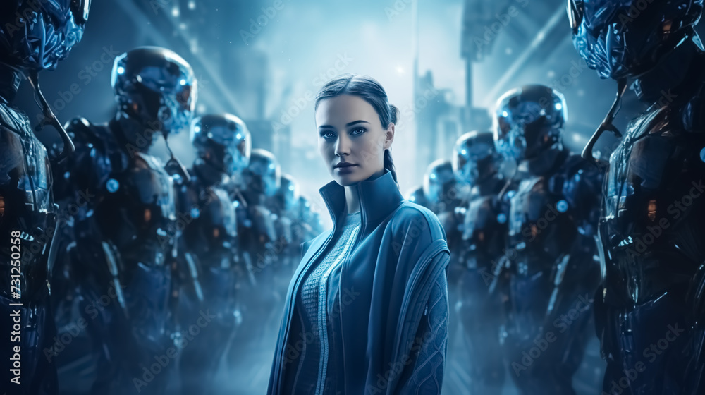 Artificial Intelligence robots. A girl with woman robots in the factory ...