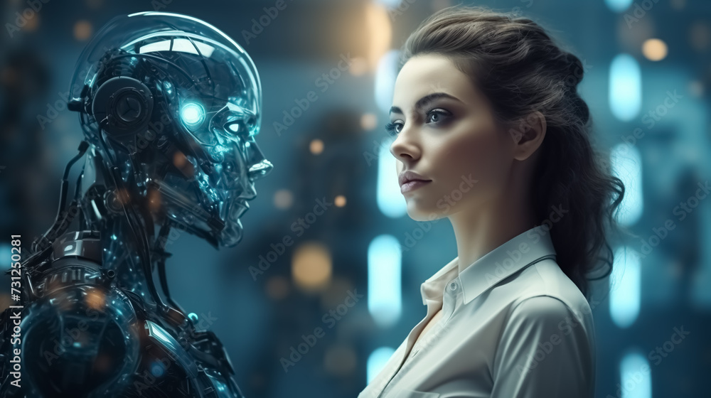 Foto de Artificial Intelligence robots. A girl with woman robots in the ...