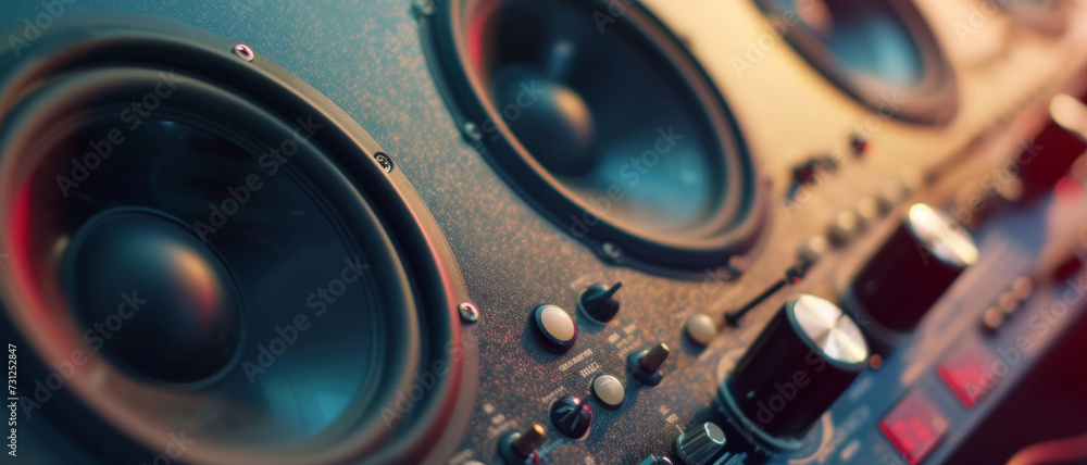 Rhythmic pulse: a close-up of speaker grills and sound dials, the heart ...