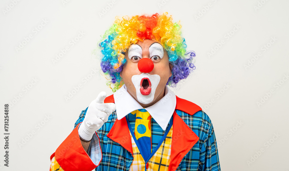 Mr Clown. Portrait of Funny comedian face Clown man in colorful uniform ...