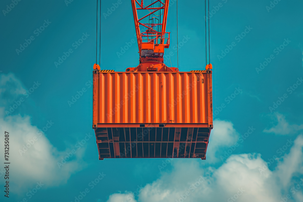 crane with a orange color and a machine shape and a container overlay ...