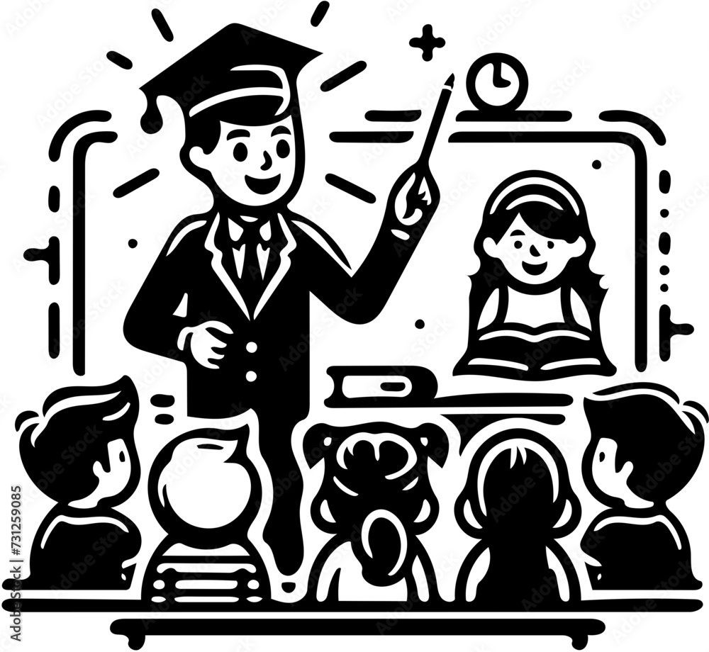 Vector illustration of a teacher teaching a class of students, black ...