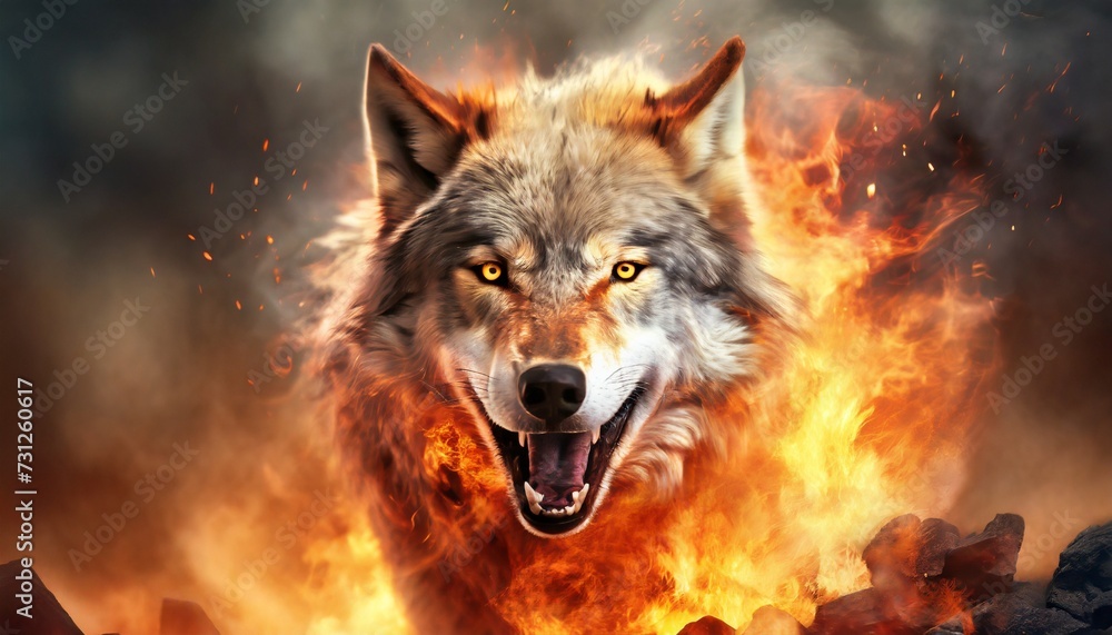 furious wolf in the fire of destruction angry furry wolf with a growl ...