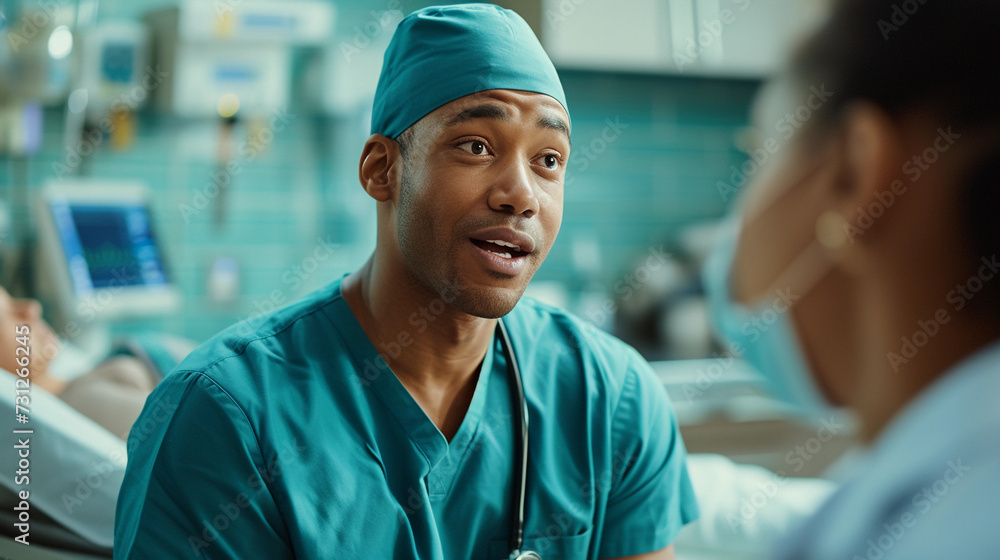 Empathetic healthcare professional in scrubs, interacting with patients ...