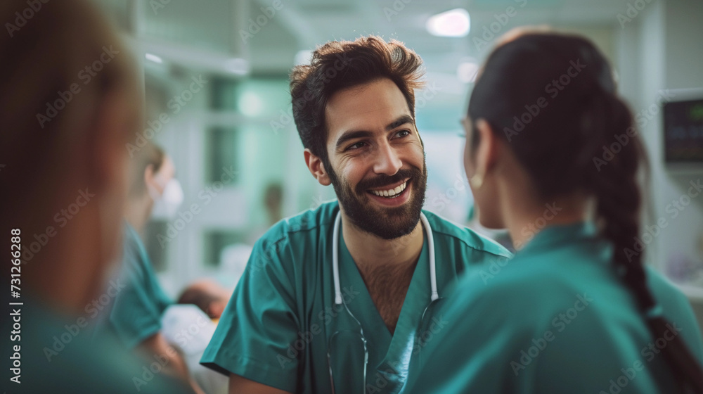 Empathetic healthcare professional in scrubs, interacting with patients ...