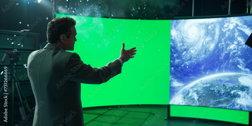 weather forecaster on a green screen set, actively gesturing towards ...