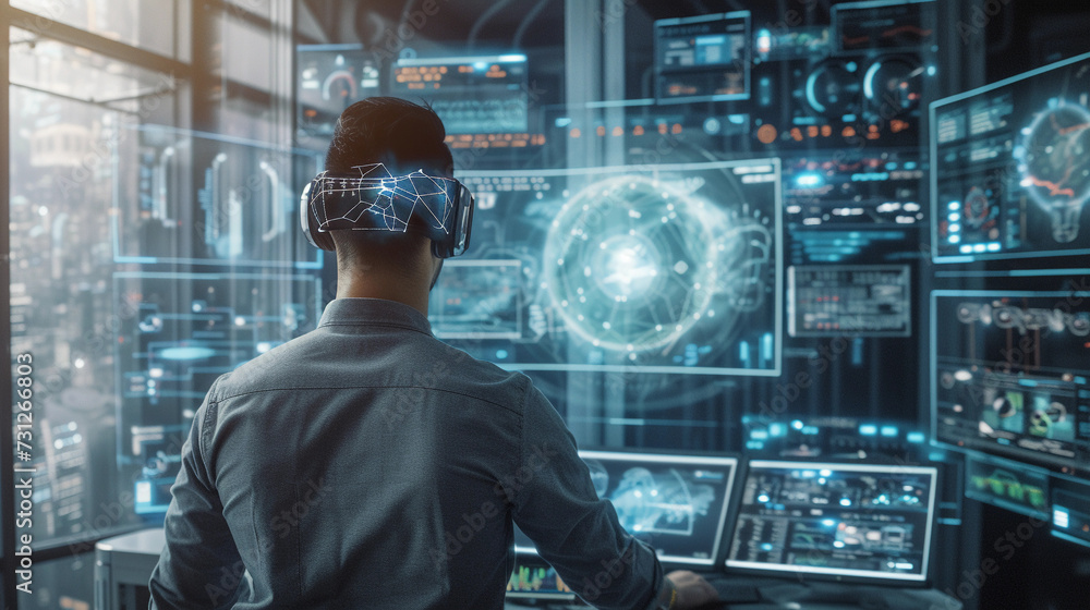 tech professional wearing smart casuals, working on multiple screens in ...