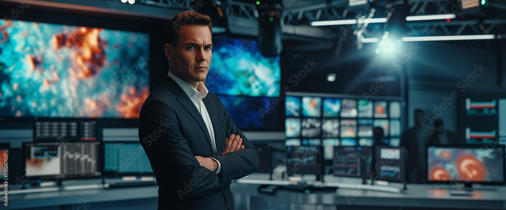 weather forecaster in a modern TV studio, surrounded by high-tech ...