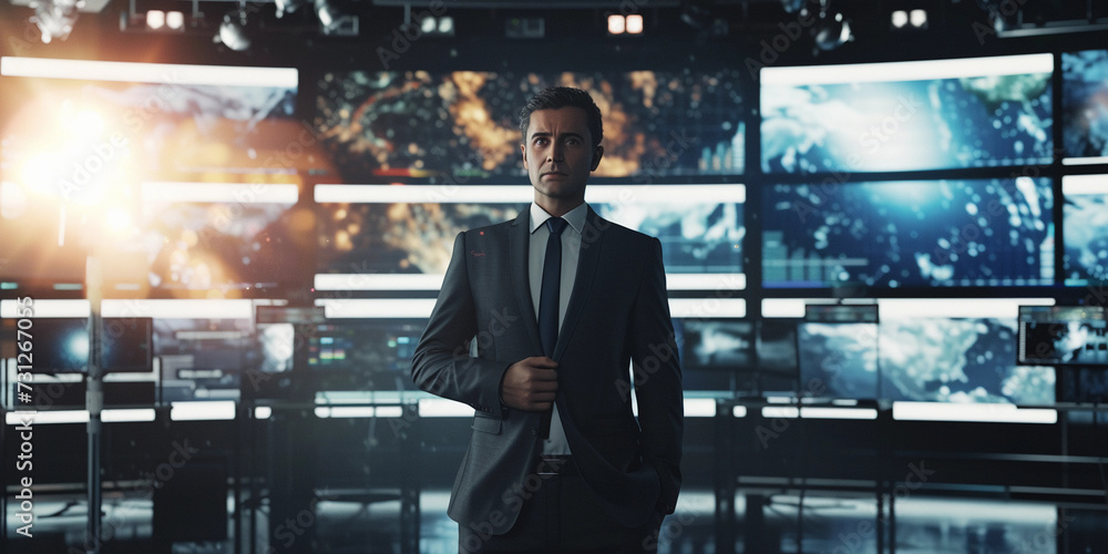 weather forecaster in a modern TV studio, surrounded by high-tech ...