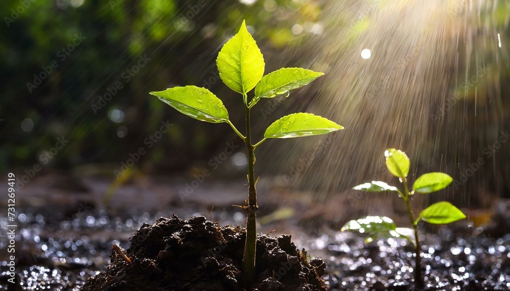 Small green new tree sprouting from brown soil to reach photosynthesis ...