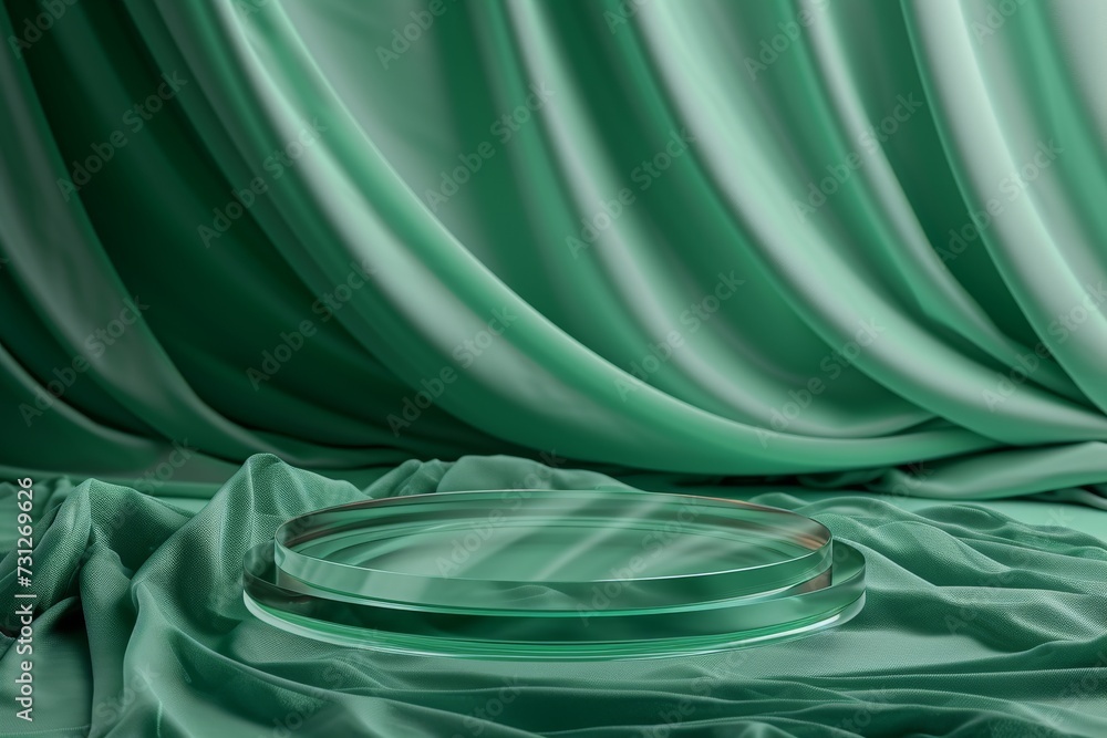 Round transparent glass platform podium on green wave silk satin fabric ...
