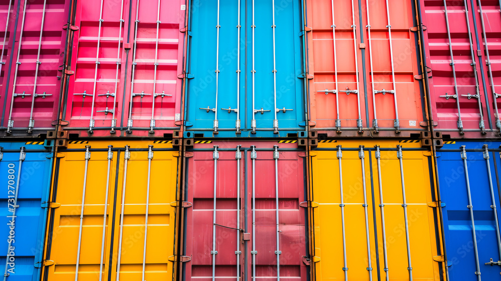 Stacked cargo containers painted in vivid, bold colors create a ...