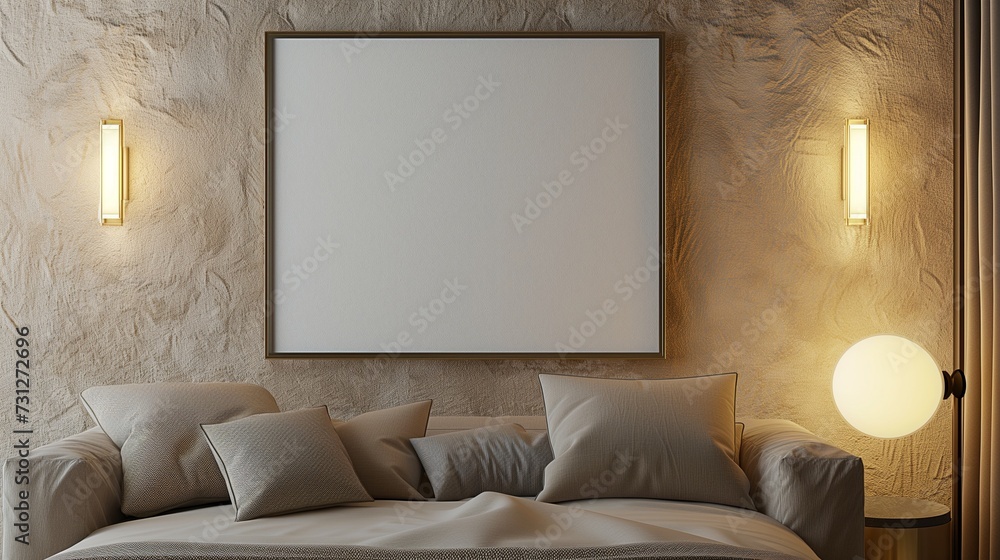 A chic bedroom with a neutral color palette, featuring an empty canvas ...