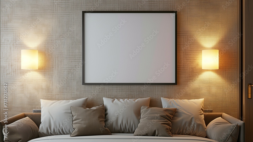 A chic bedroom with a neutral color palette, featuring an empty canvas ...