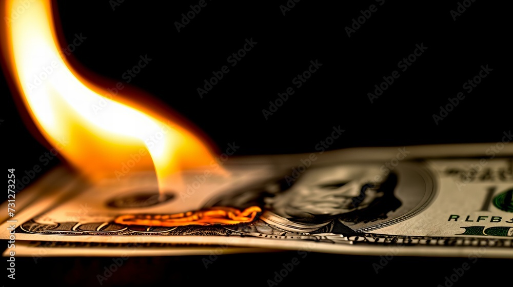 dollar bill is being lit on fire, in the style of contrast-focused ...