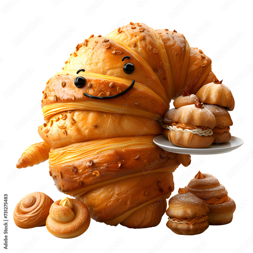 An adorable 3D animated cartoon render of a croissant with a delightful ...