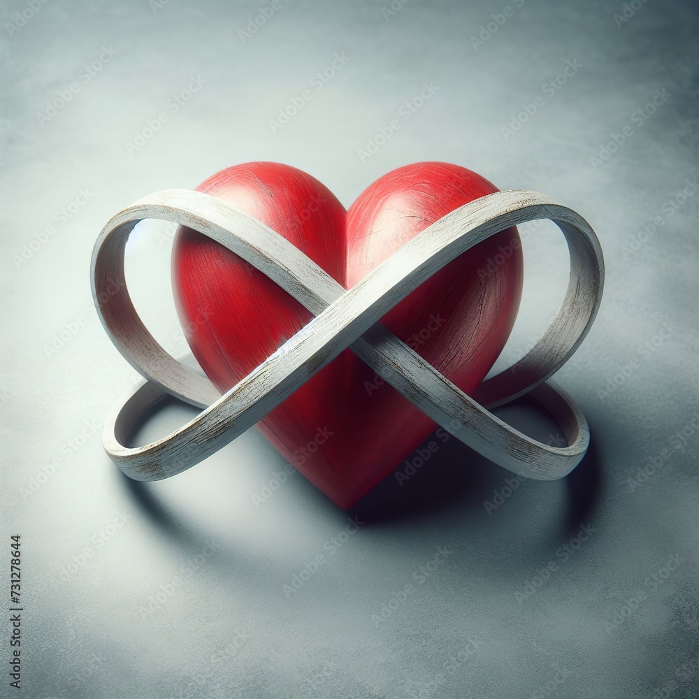 A large red heart is inside a stylized outline as a symbol of infinity ...
