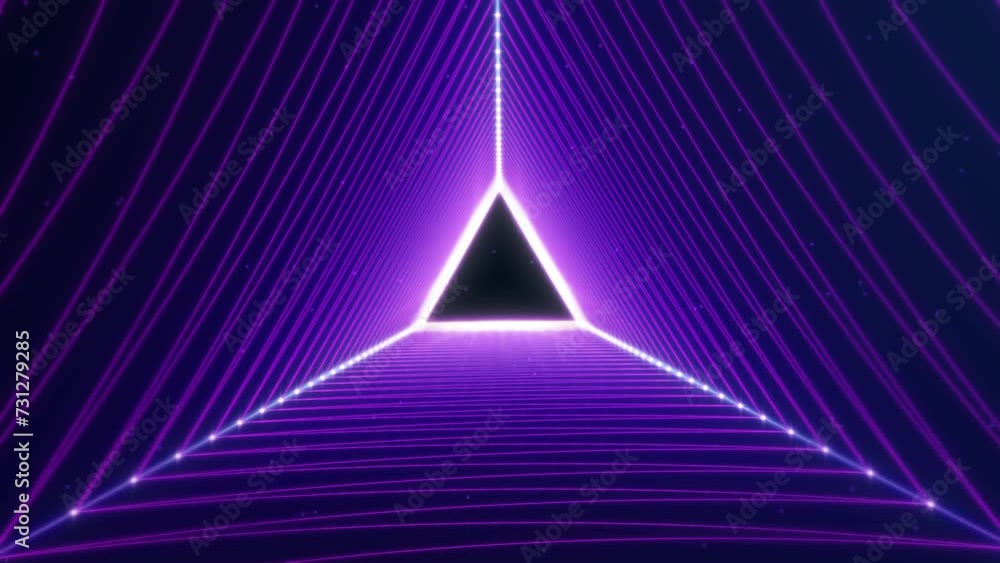 Abstract glowing shiny rotating neon purple blue triangular VJ tunnel ...