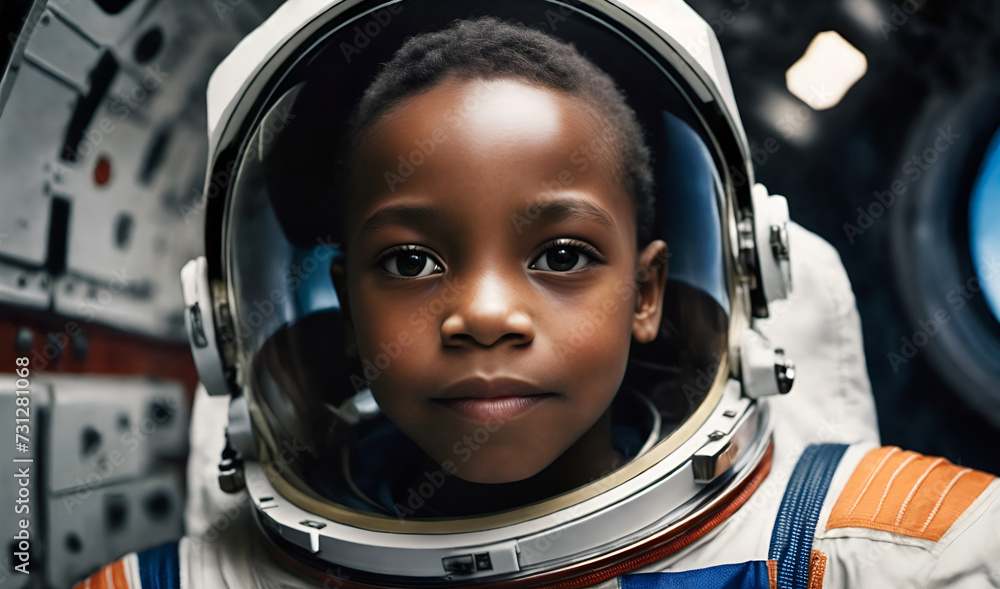 Astronaut kid. African american child wearing astronaut suit in ...