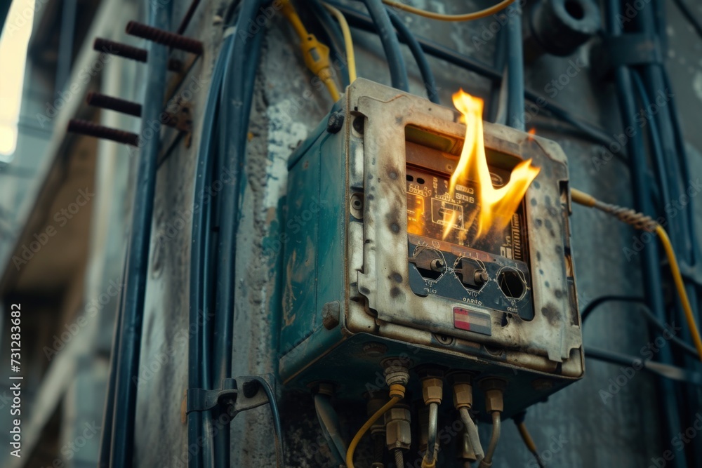 A damaged industrial electrical panel with exposed wires and a flame ...