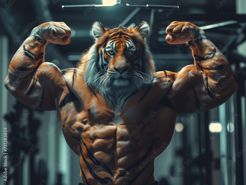 Portrait of a strong roaring male tiger in a gym. Bodybuilding concept ...