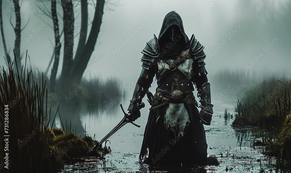Mysterious fighter shrouded in misty swamp, donned in black armor, a ...