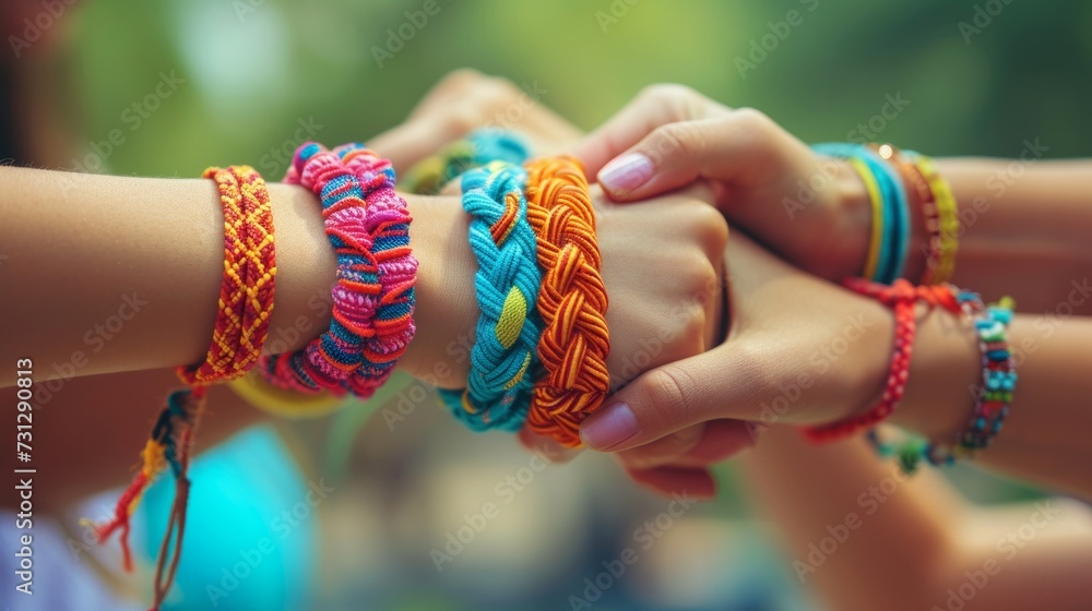 Close-up shots of friends exchanging colorful friendship bracelets as a ...