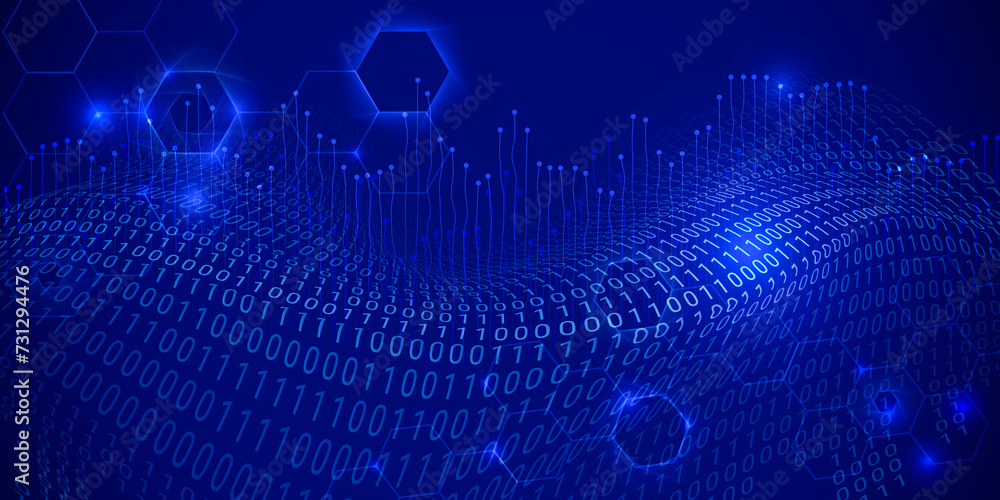 AI, Digital Technology Background. Dark blue abstract background with wave binary code elements ...