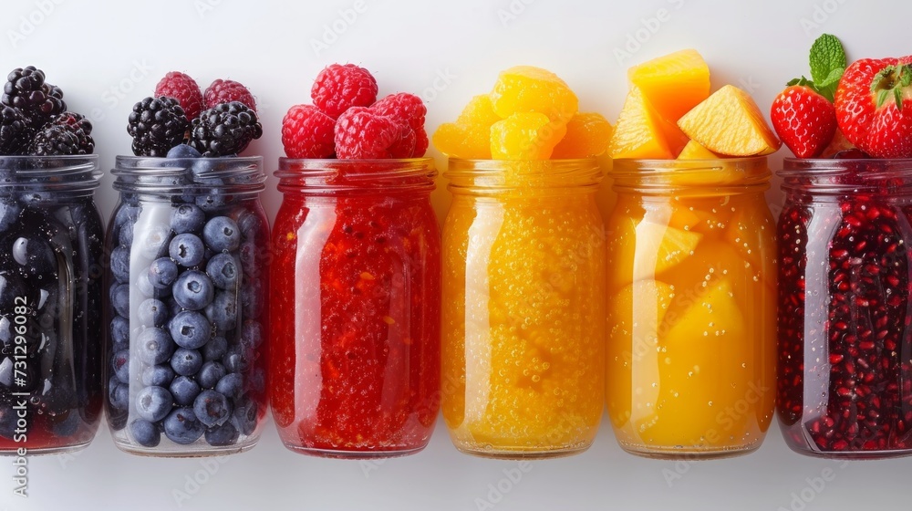 Simple backgrounds enhanced by jars filled with an array of fruit ...