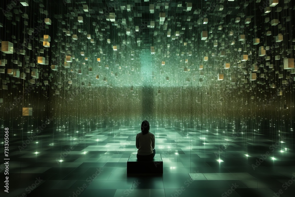 Overwhelmed in room of information. person clutching head in data ...