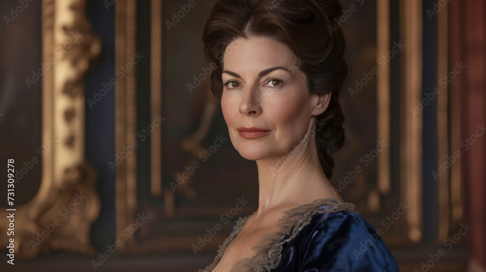 A regal woman in her 50s, exuding elegance and authority with her stern ...