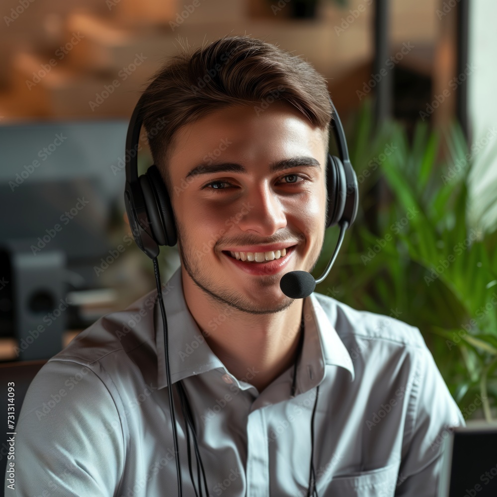Call center, young man and smile in contact us with CRM, headset with ...