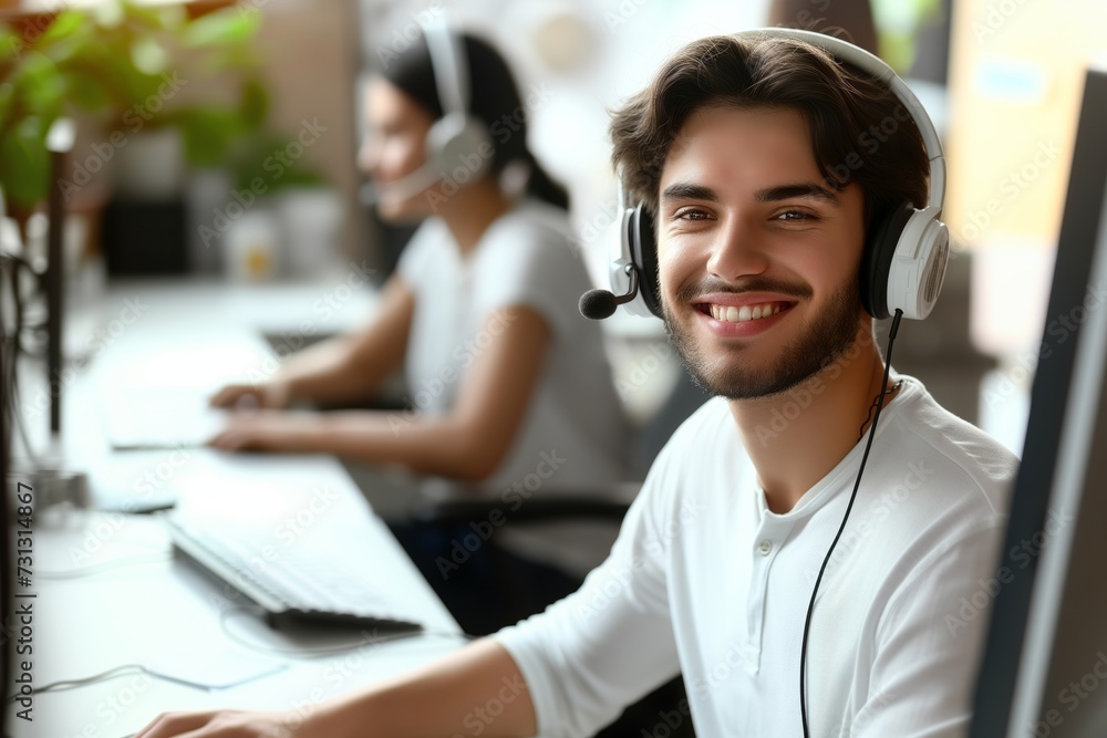 Call center, young man and smile in contact us with CRM, headset with ...