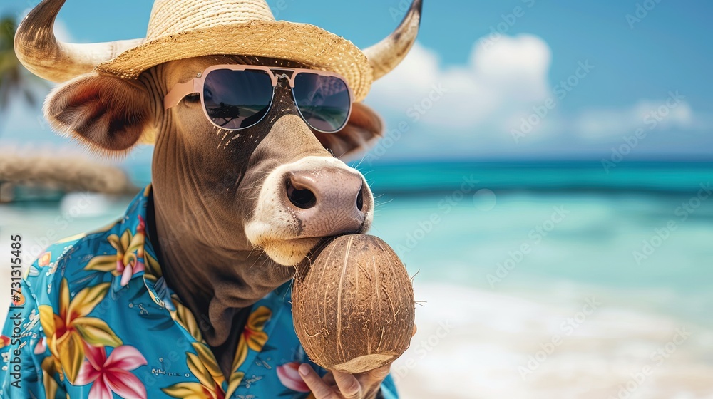 Bull wearing Hawaiian shirt and sunglasses enjoying a tropical cocktail ...