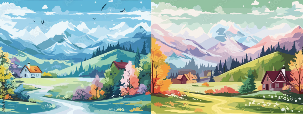 Set of four seasons backgrounds, banners. Winter, spring, summer ...