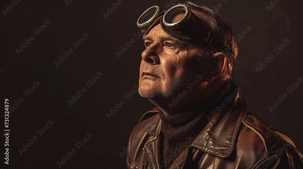 A rugged, yet sophisticated vintage pilot in his early 50s dons a ...