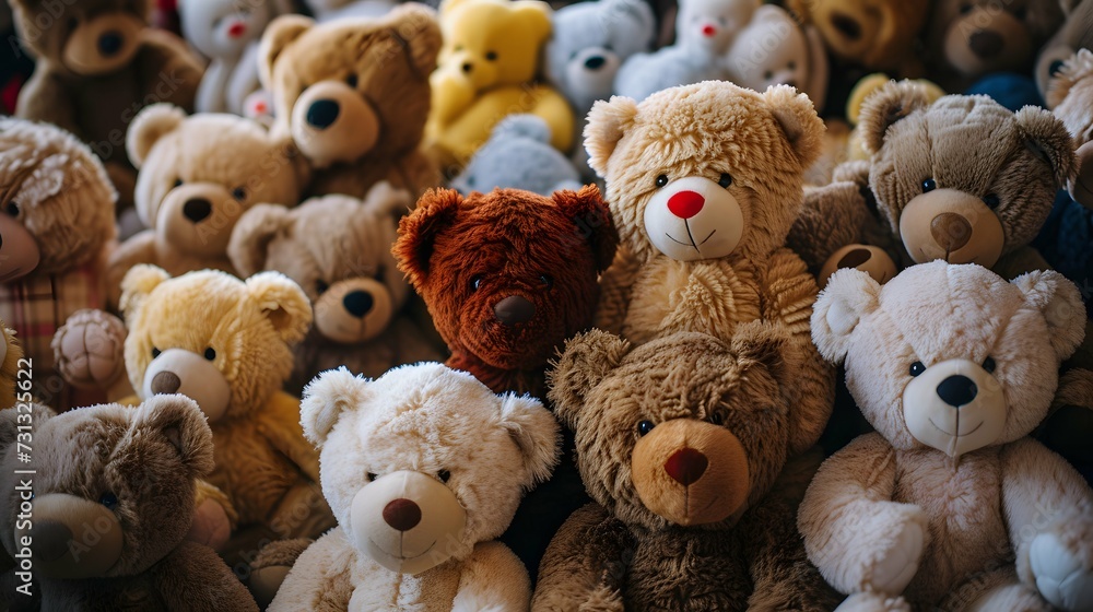large group of teddy bears sitting together in a pile together, all ...