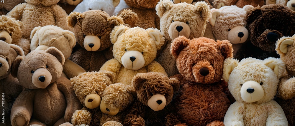 large group of teddy bears sitting together in a pile together, all ...