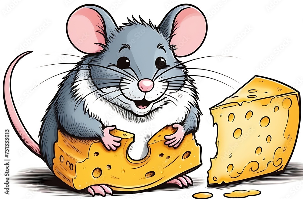 Creative illustration, fat mouse with cheese sitting on white ...