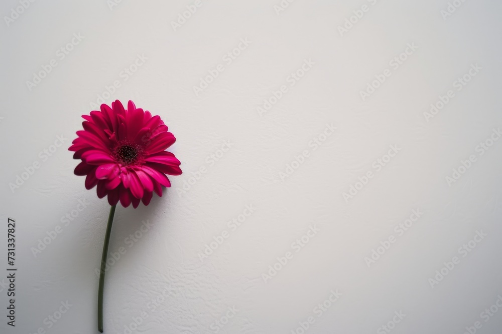 A vibrant red barberton daisy stands out against the crisp white wall ...